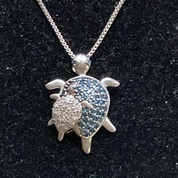 Jewelry | Blue White Diamond Silver Turtle Necklace | Poshmark